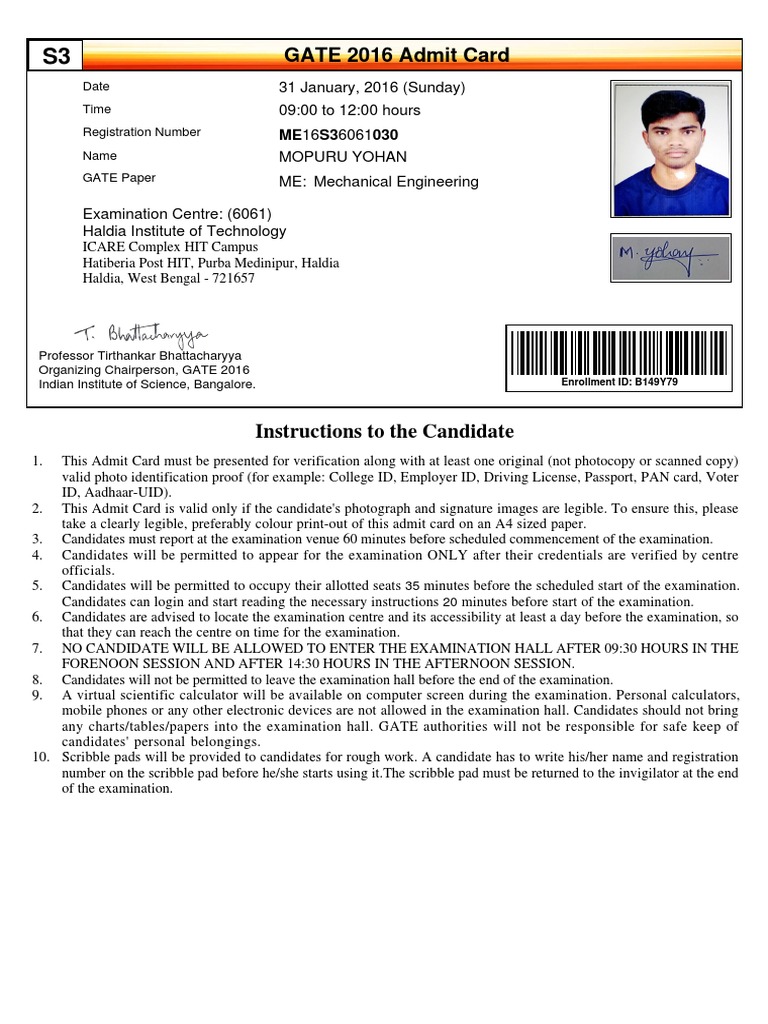 GATE 2016 Admit Card: Instructions To The Candidate | PDF