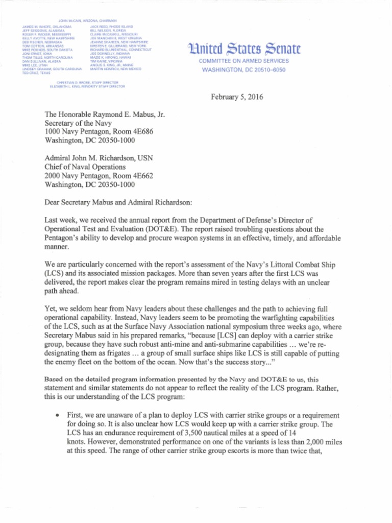 McCain-Reed LCS Letter To SecNav and CNO | PDF