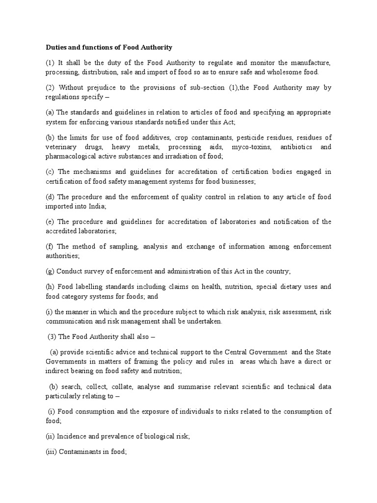 Food Authority Duties and Functions | PDF | Food Safety | Foods