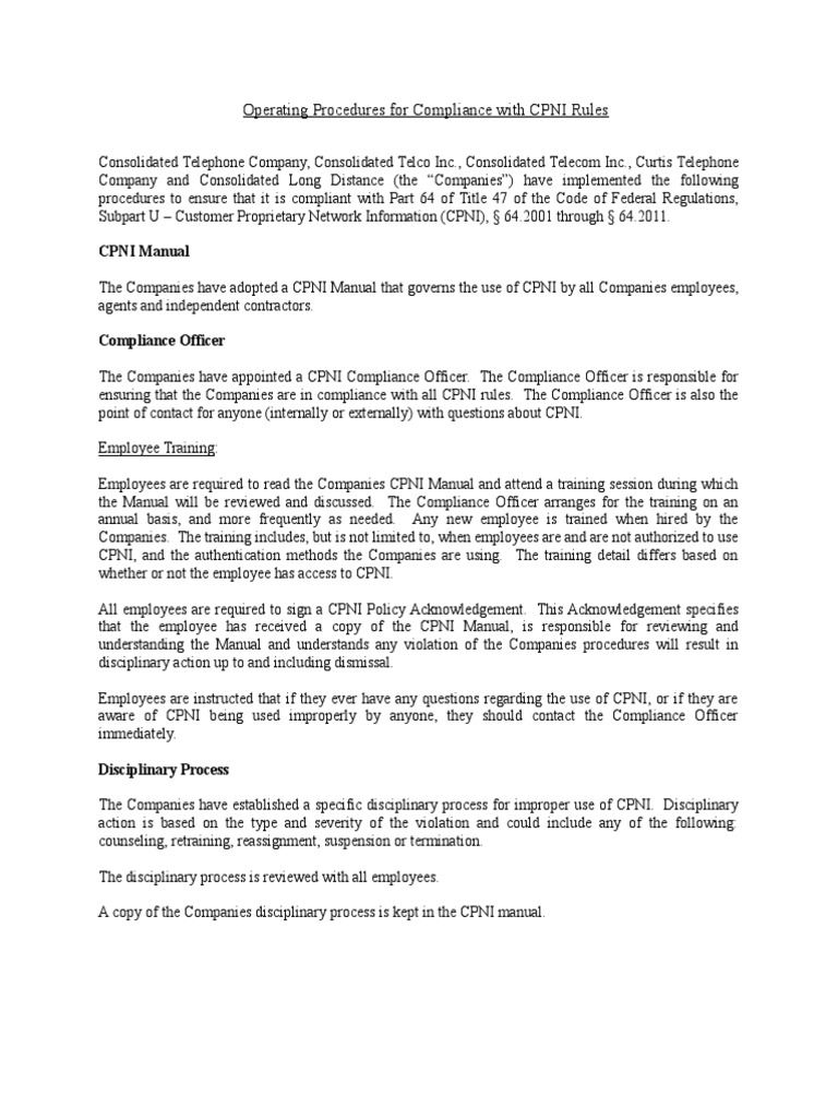 CPNI Compliance Operating Procedures | PDF | Regulatory Compliance ...
