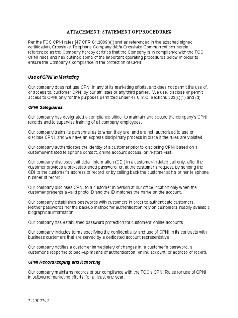 2015 CPNI Statement of Compliance | PDF | Authentication | Federal ...