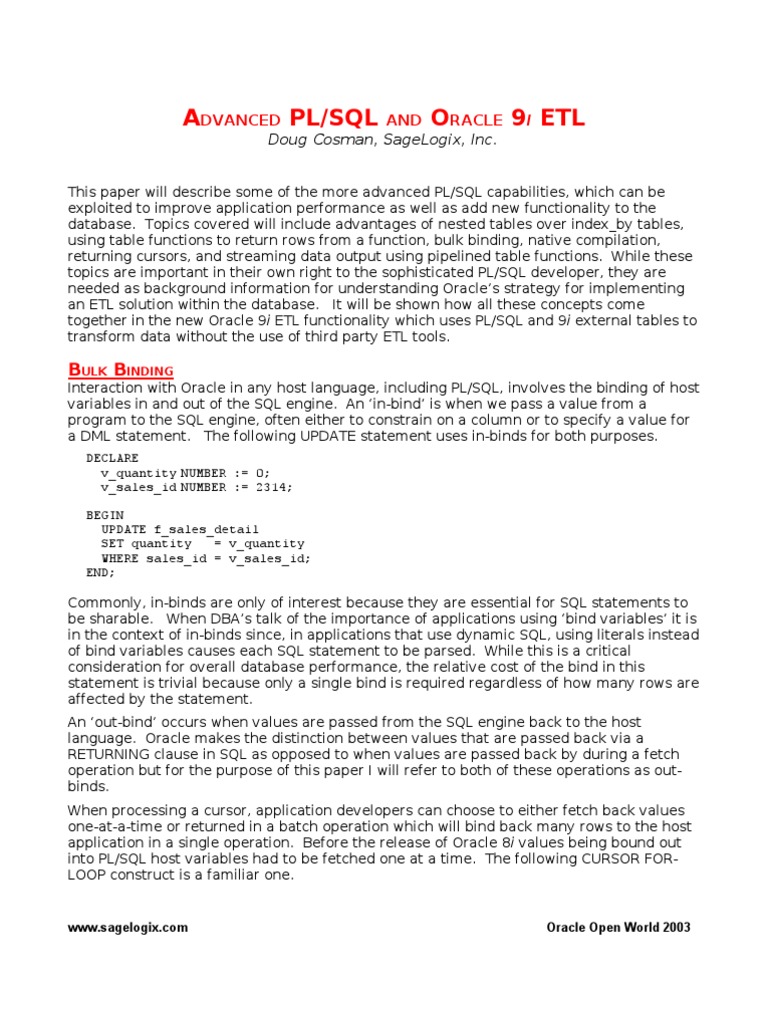Advanced PL/SQL and Oracle 9i Etl | PDF | Pl/Sql | Oracle Database
