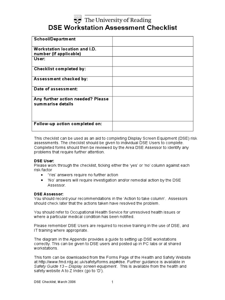 DSE Workstation Checklist Mar 2006 | Download Free PDF | Chair ...