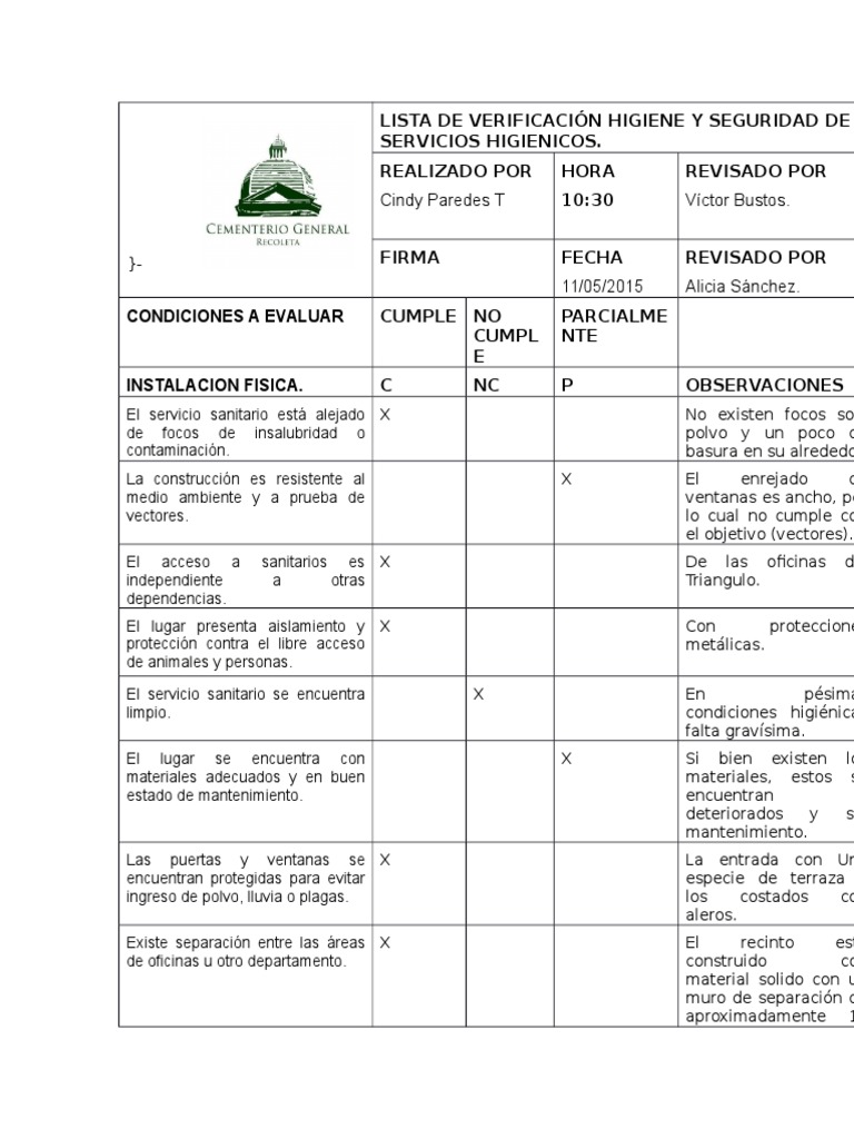 Lista de Verificación Higiene y Seguridad de Servicios Higienicos | PDF | Saneamiento | Higiene
