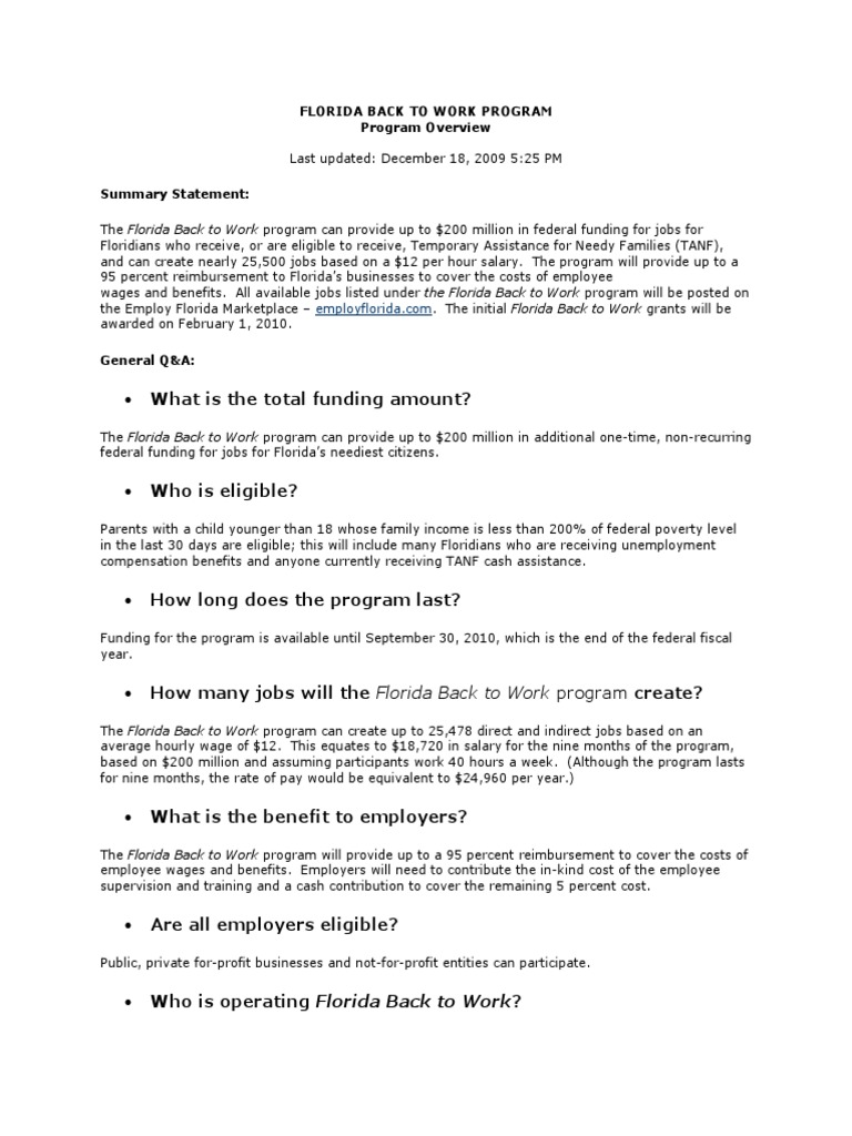 Florida Back To Work Program | PDF | Employment | Temporary Assistance ...
