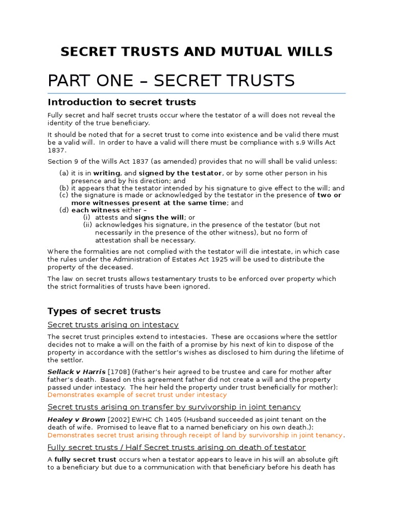 Week 8 - Secret Trusts & Mutual Wills | Will And Testament | Trust Law