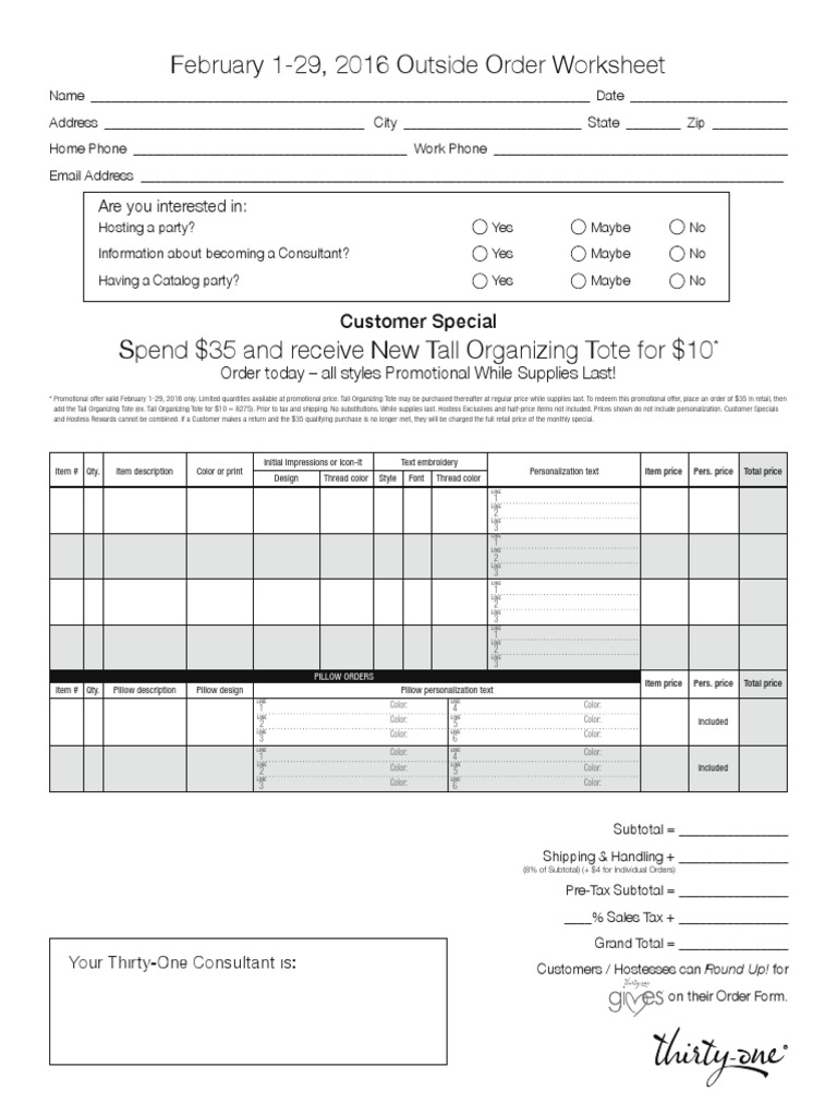 February 1-29, 2016 Outside Order Worksheet: Customer Special | PDF