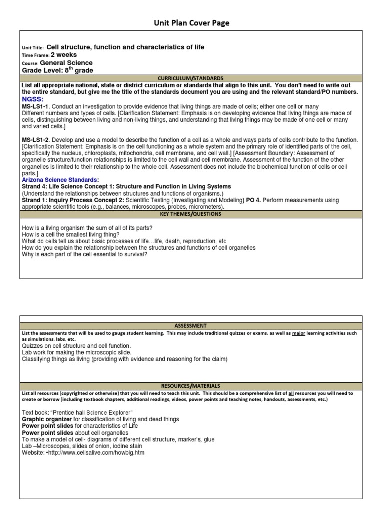 Unit Plan Cover Page: Cell Structure, Function and Characteristics of ...