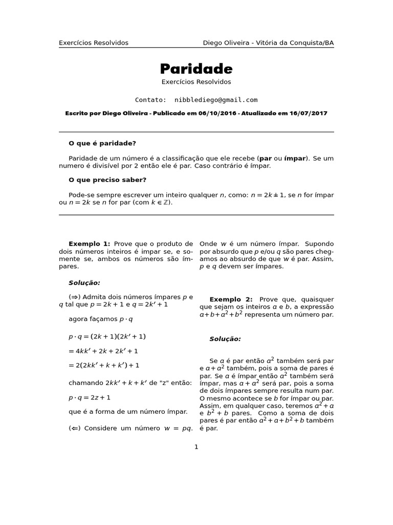 Exercícios Resolvidos Provas Sobre Paridade | PDF | Números | Ensino de ...