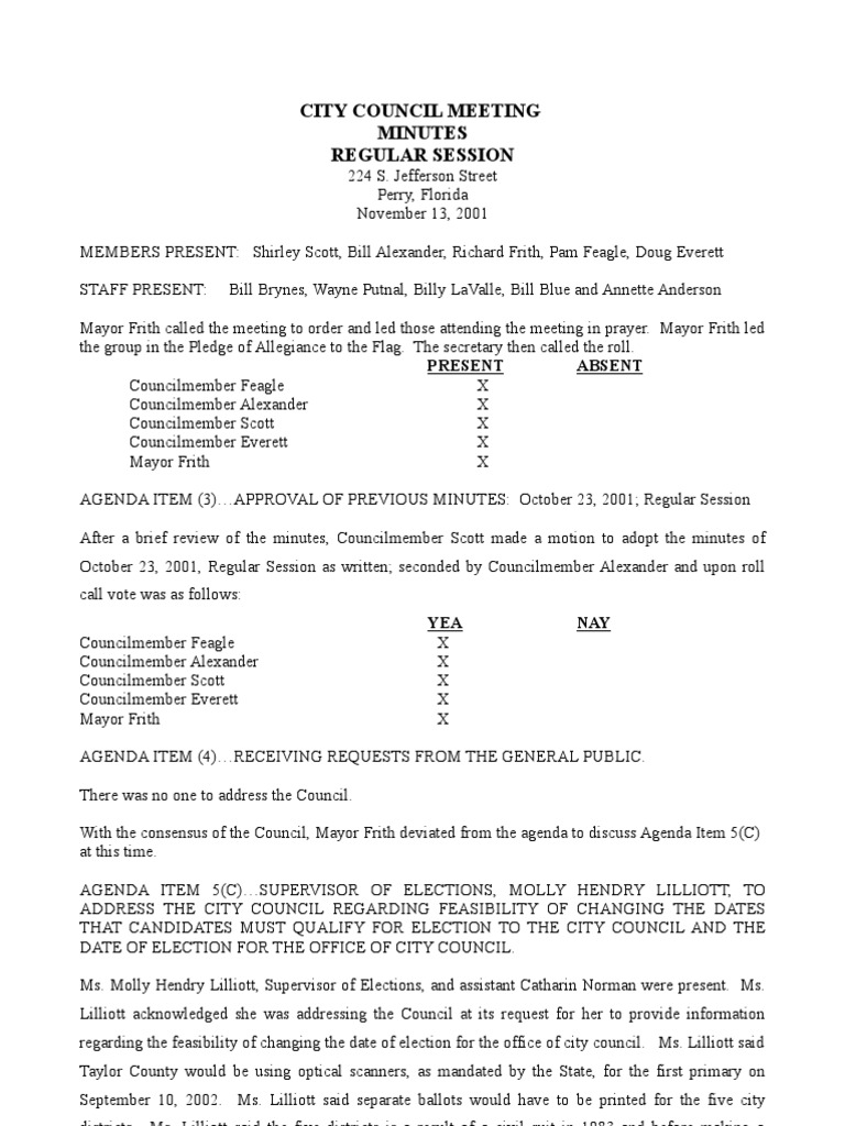 City Council Meeting Minutes Regular Session: Present Absent | PDF ...
