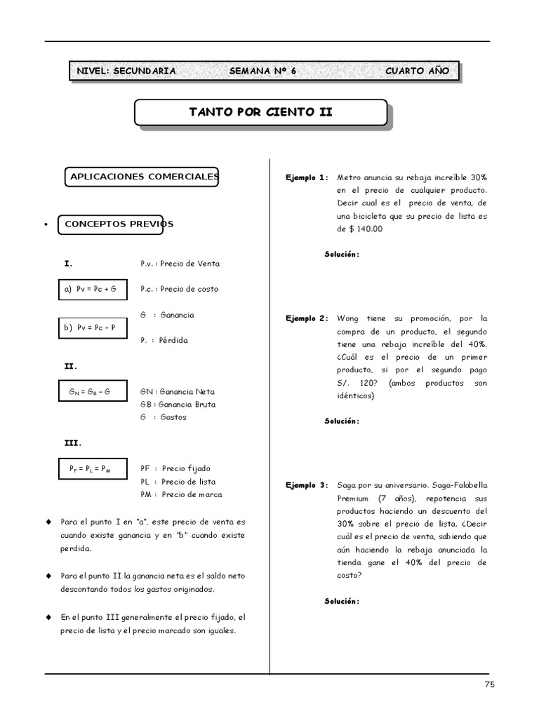 4to. Año - ARIT - Guia 6 - Regla Del Tanto Por Ciento II | PDF | Precios | Precios