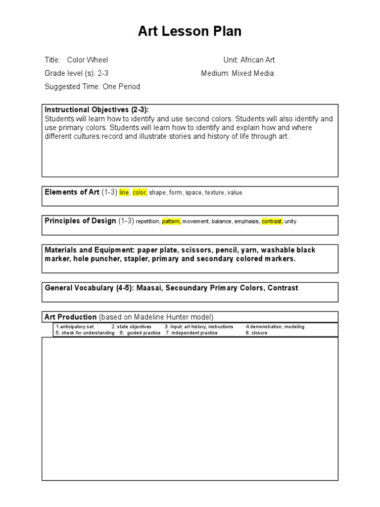 Art Lesson Plan: Line, Color, Shape, Form, Space, Texture, Value | PDF