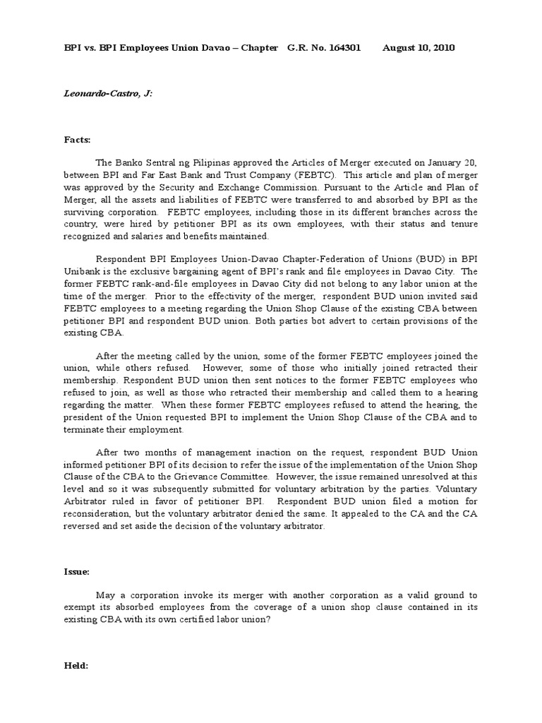 BPI v. BPI Employees Union Davao Chapter | PDF | Employment | Arbitration