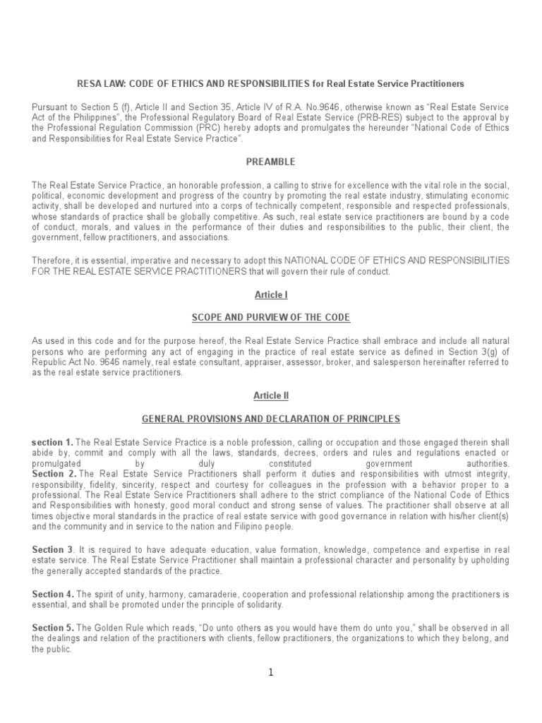 Code of Ethics-Real Estate | PDF | Law