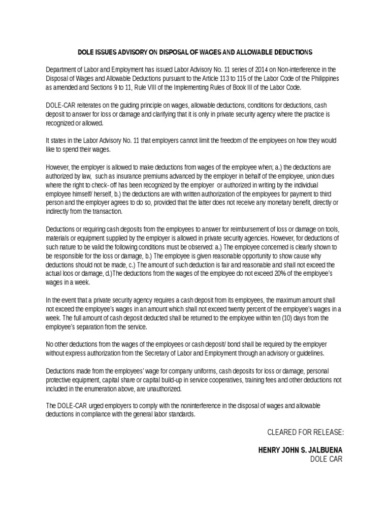 Dole Issues Advisory On Disposal of Wages and Allowable Deductions ...