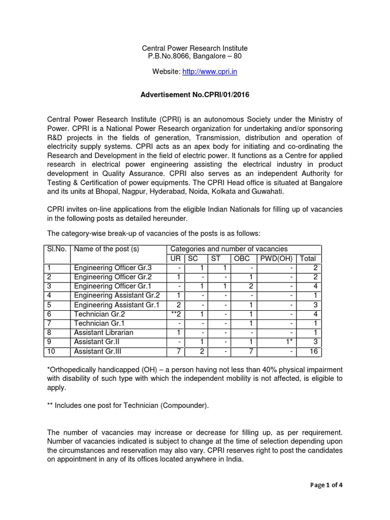 Notification CPRI Engineering Asst Officer and Other Posts | PDF ...