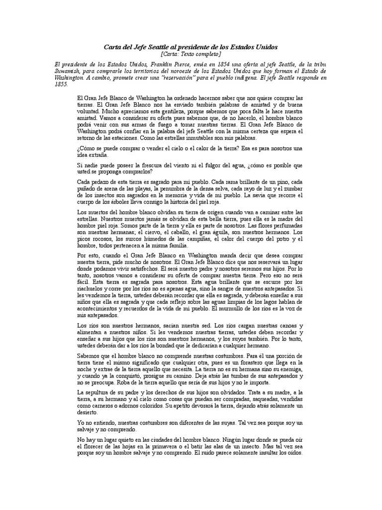 Carta Del Jefe Seattle Al Presidente de Los Estados Unidos | PDF