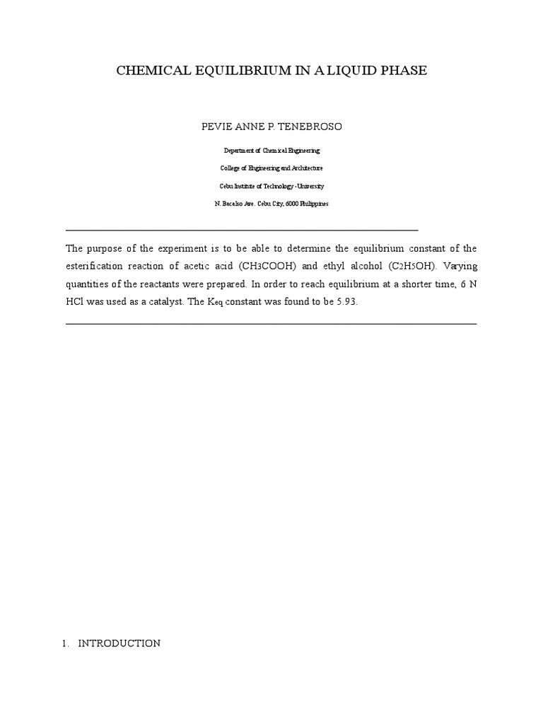 Chemical Equilibrium in A Liquid Phase | PDF | Chemical Equilibrium ...