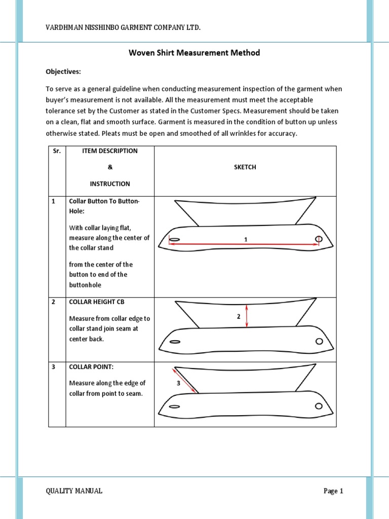 Woven Shirt Measurement Guidelines | PDF | Seam (Sewing) | Shirt