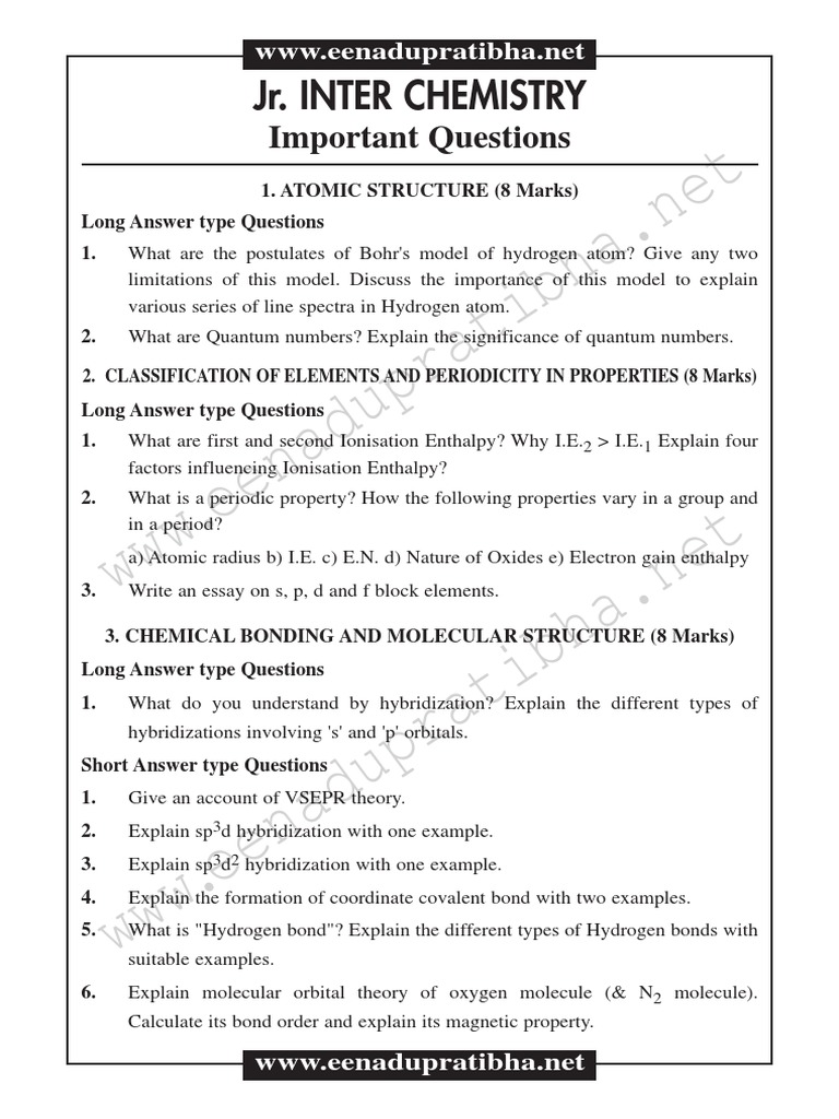Important Chemistry Questions for 1st Year | PDF | Chemical Bond | Ph
