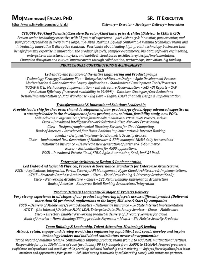 CTO Chief Technology Officer in San Francisco Bay CA Resume Mammoud Falaki | PDF | Cloud ...