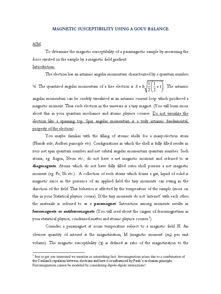 Gouy Method For Magnetic Susceptibility | PDF | Magnetism | Ferromagnetism