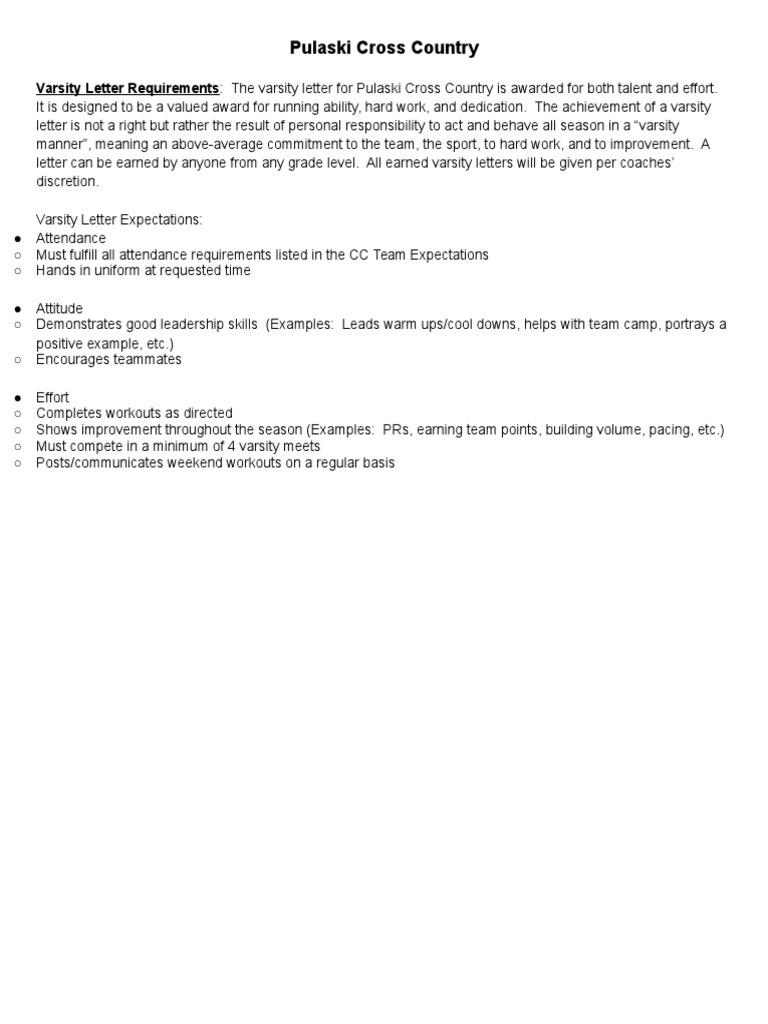 Pulaski Cross Country Varsity Letter Criteria | PDF | Career & Growth ...