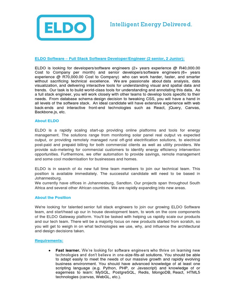 ELDO Software - Full Stack Software Engineer | PDF | Java Script ...