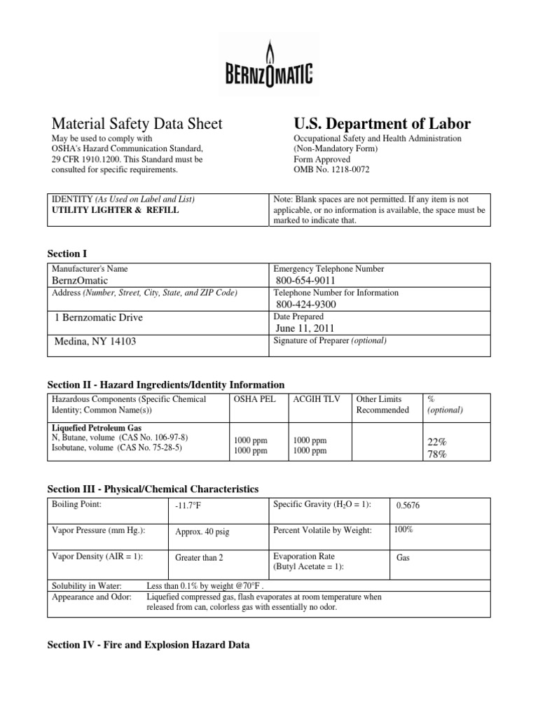 Bernzomatic Butane Safety Data Sheet | PDF | Fires | Flammability