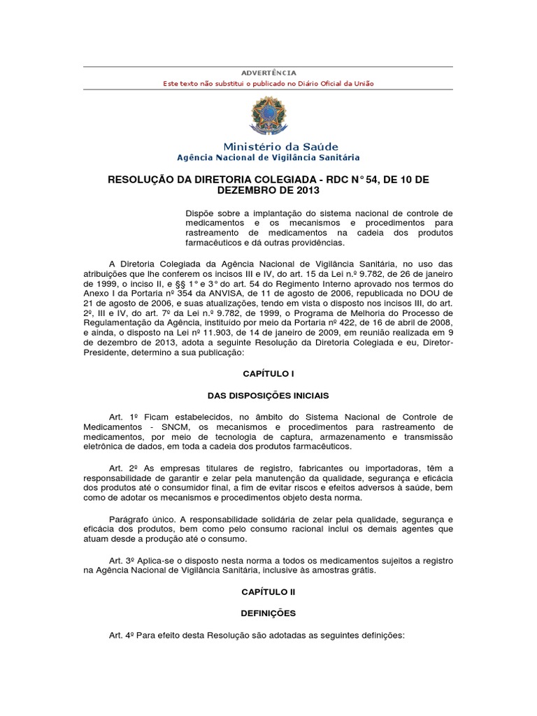 ANVISA - RDC 54 de 10.12.2013 - Sistema Nacional de Controle de Medicamentos | PDF | Embalagem e ...