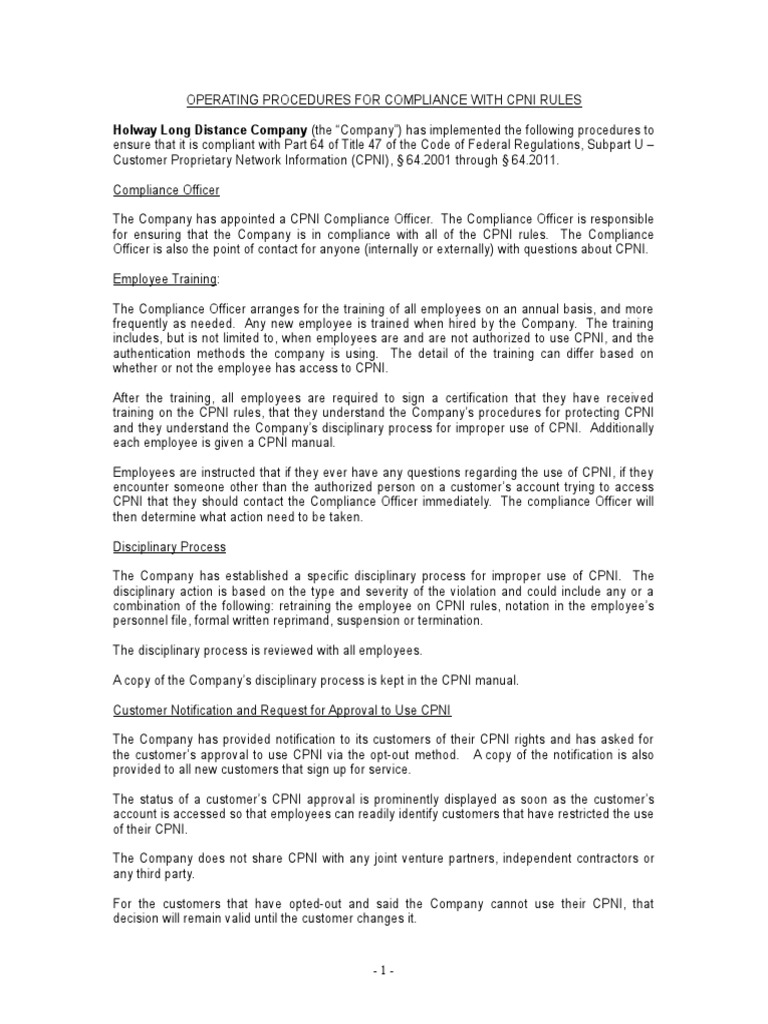 CPNI Op Proc Holway Long Dist. 2 15 | PDF | United States Secret ...