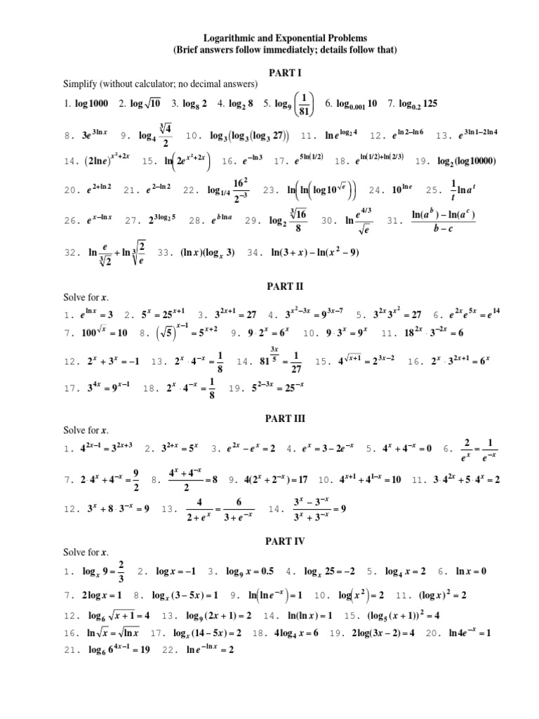 Logarithmic and Exponential Problem Worksheet with Step-by-Step ...