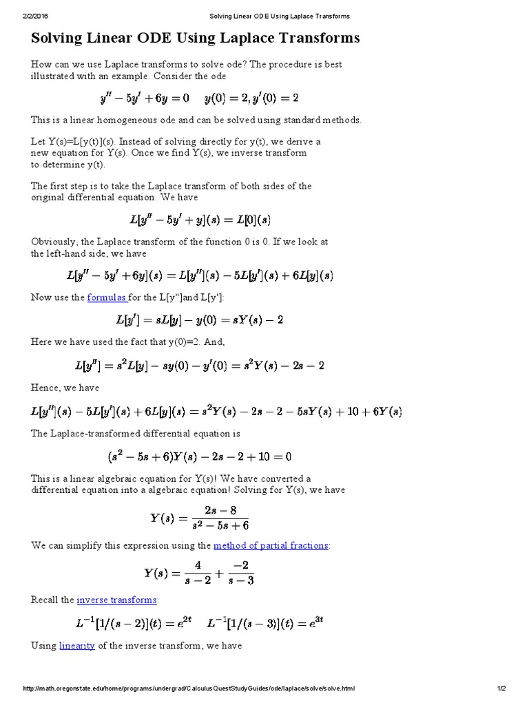 Solving Linear Ode Using Laplace Transforms Formulas Pdf