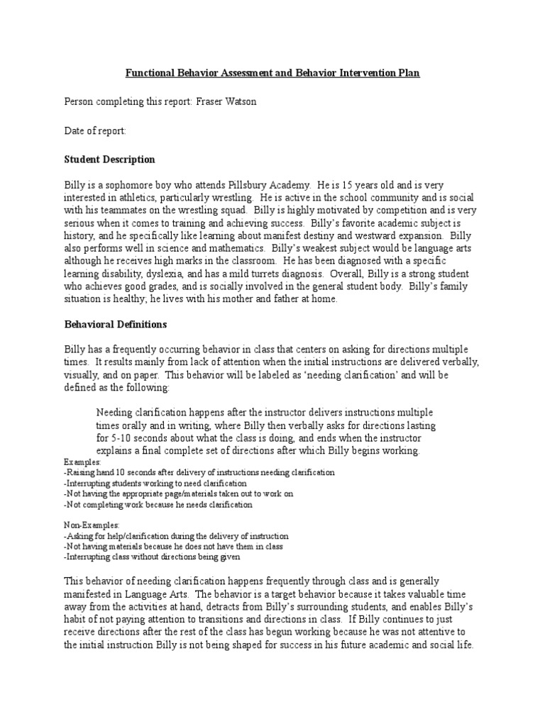 Example Functional Behavior Assessment Papers