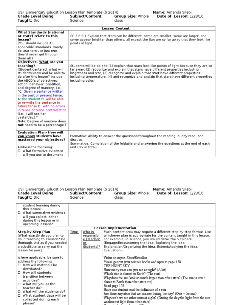 USF Elementary Education Lesson Plan Template (S 2014) Science Class ...