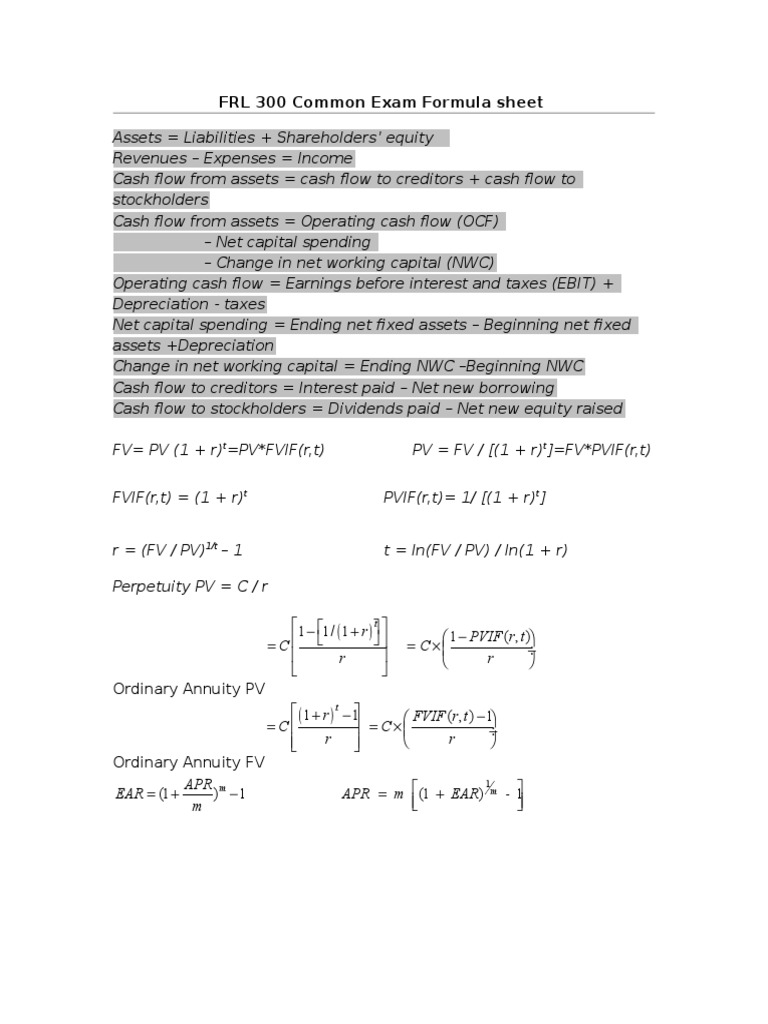 FRL 300 Formula Sheet Common Final | PDF