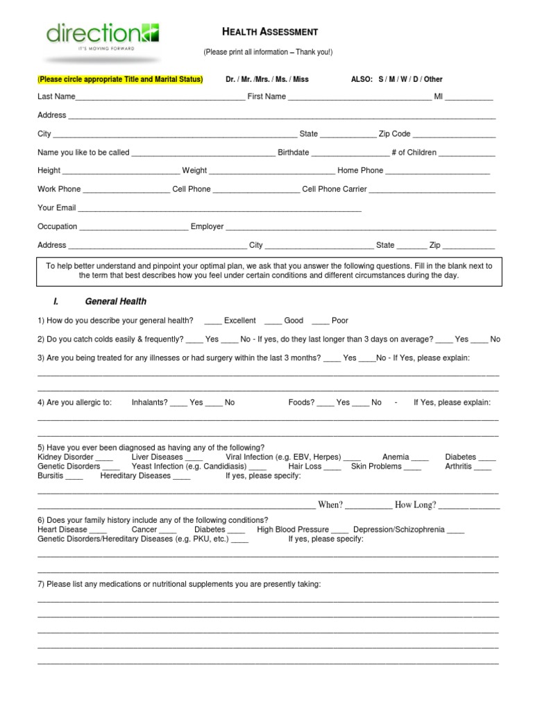 DH Health Assessment Form | PDF | Physical Exercise | Fatigue (Medical)