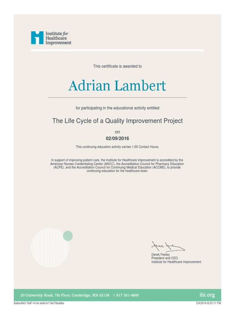 Ihi Certificate - The Life Cycle of A Quality Impr | PDF