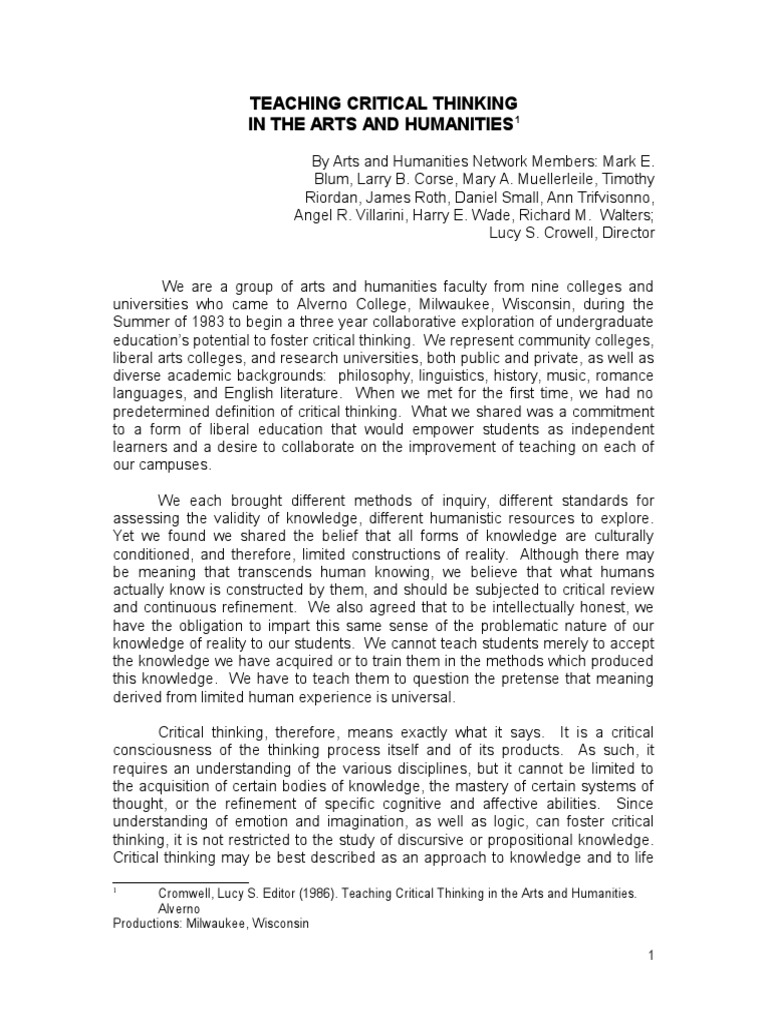 Critical Thinking in Arts & Humanities | PDF | Critical Thinking ...
