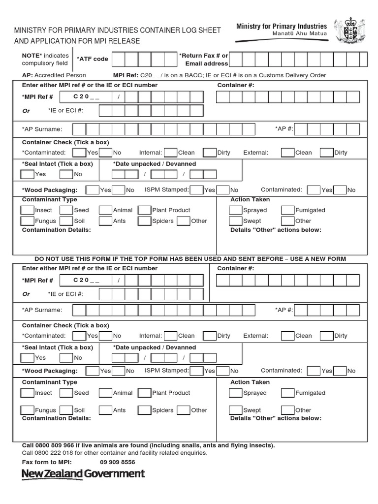 Ministry For Primary Industries Container Log Sheet and Application For ...