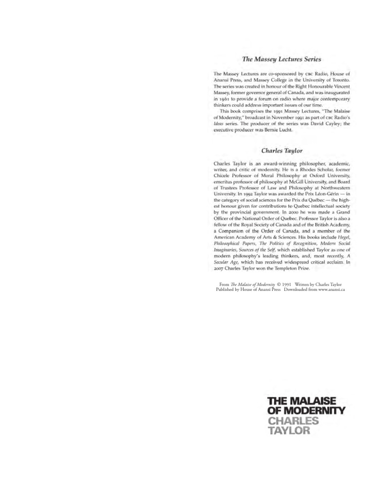 Charles Taylor's The Malaise of Modernity | PDF