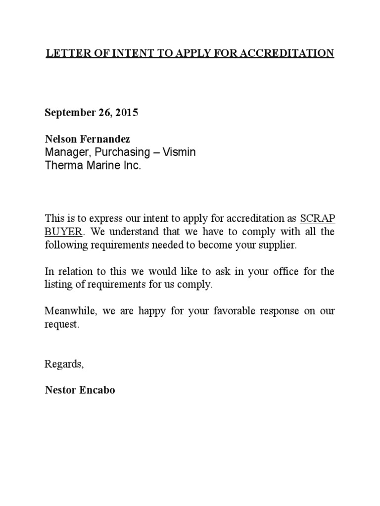 Letter of Intent To Apply For Accreditation | PDF