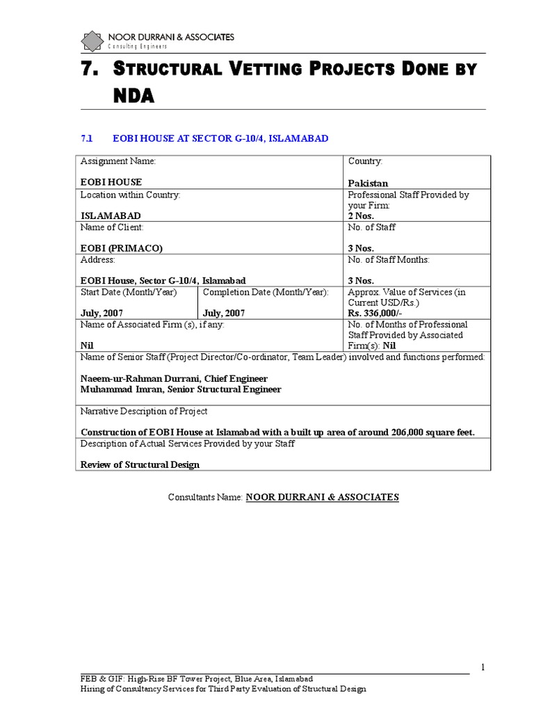 Appendix - Structural Vetting Projects | Islamabad | Consultant