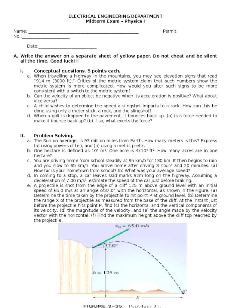 Electrical Engineering Department Midterm Exam - Physics I | PDF | Speed | Velocity