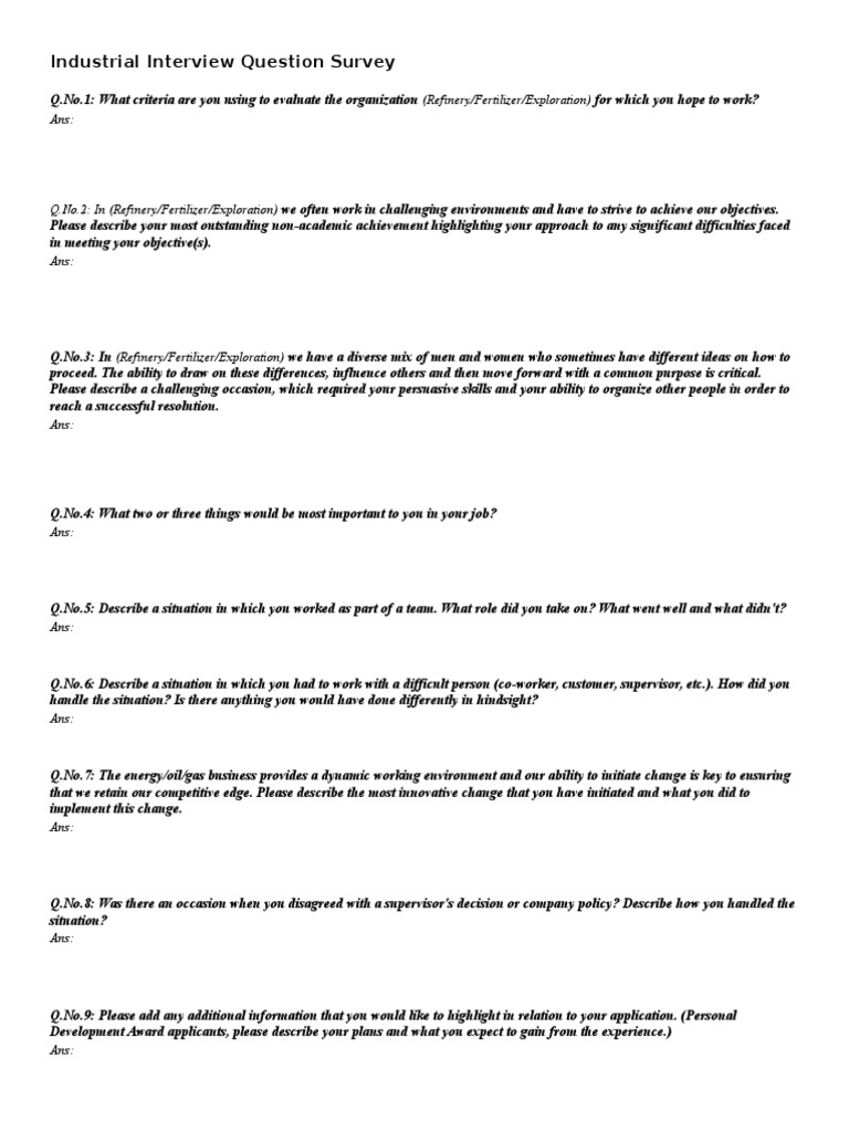 Industrial Interview Question Survey: (Refinery/Fertilizer/Exploration ...