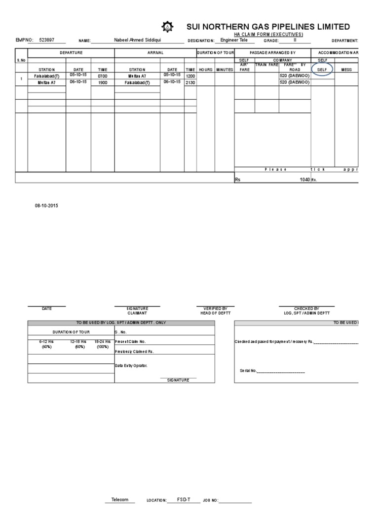Sui Northern Gas Pipelines Limited: Ha Claim Form (Executives) | PDF ...