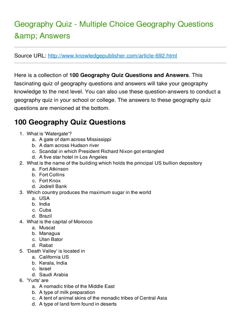 Geography Quiz - Multiple Choice Geography Questions & Answers | PDF ...