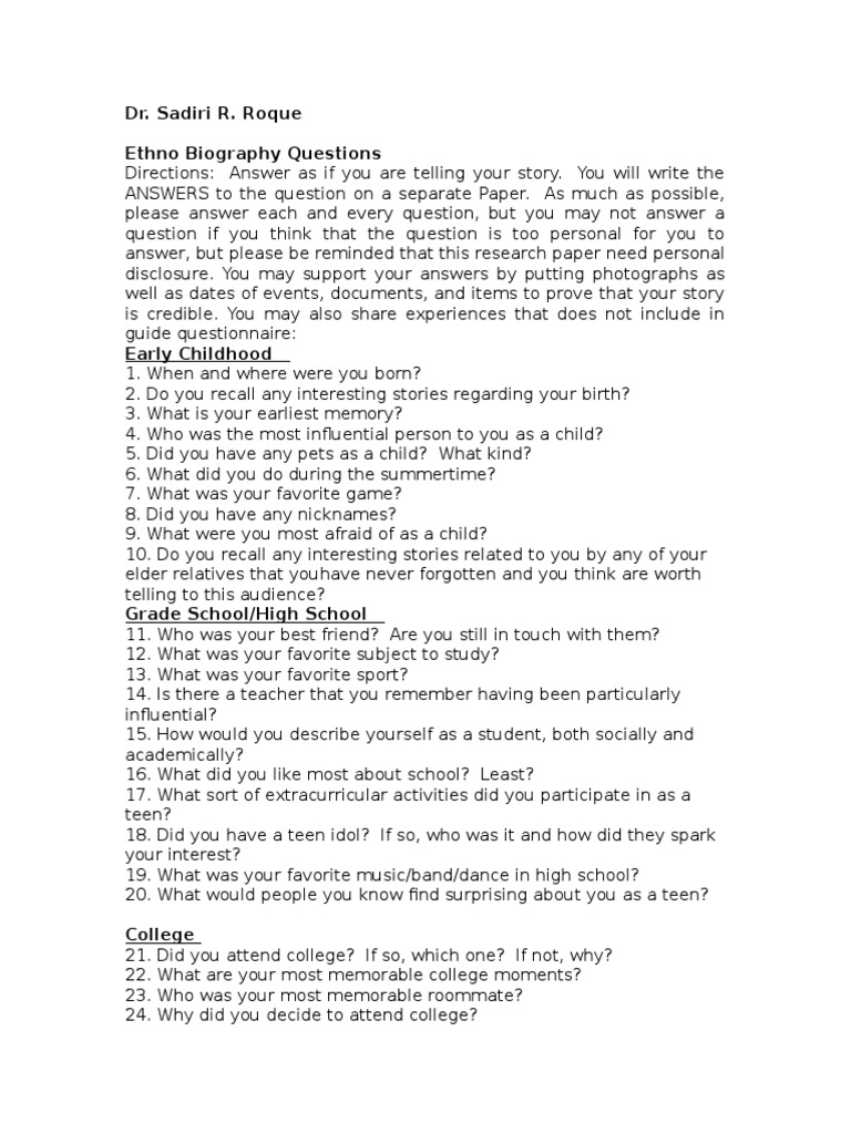 Biography Interview Questions | PDF | Sibling | Behavioural Sciences