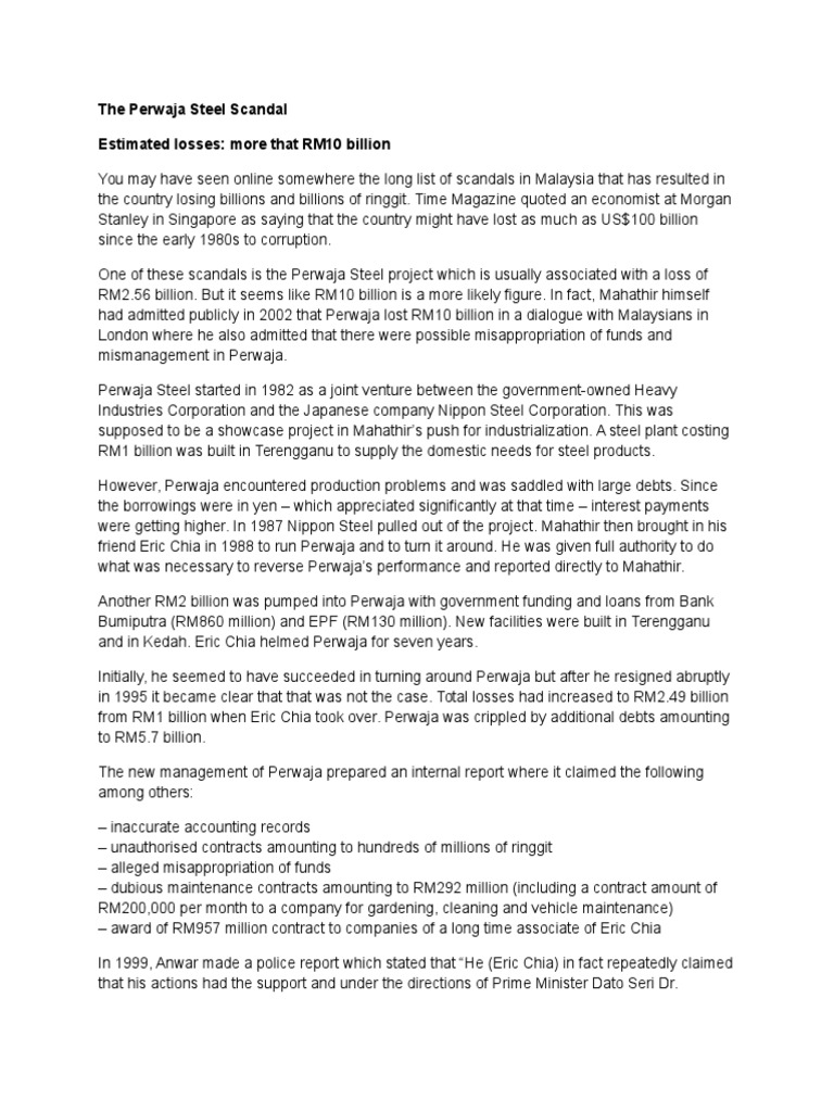 Perwaja Steel Scandal: RM10B Loss | PDF | Economies | Loans