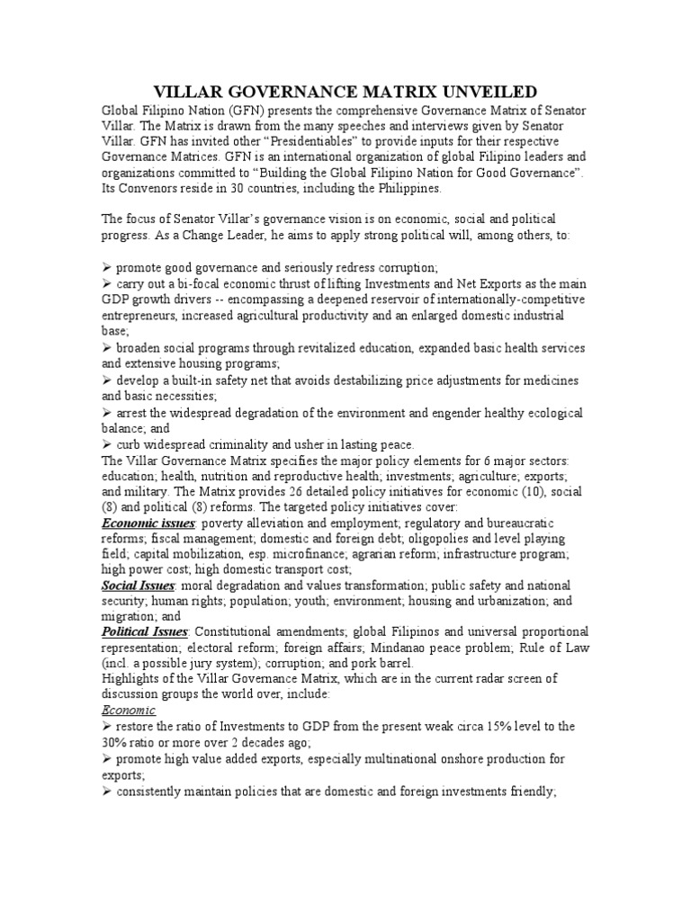 Manny Villar Governance Matrix | PDF